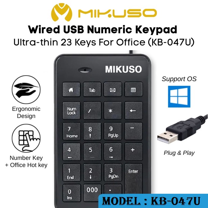 MIKUSO KB-047U 23 Keys Slim Wired USB Number Pad for Office | Portable ...