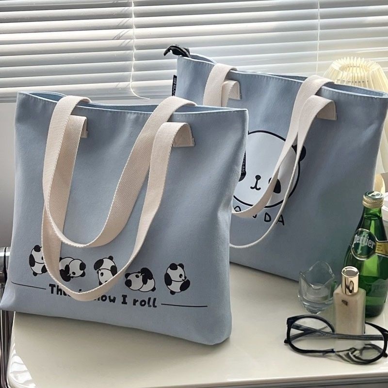Zipper Style panda tote bag student Commuter Handbag Shoulder Bag Literary Canvas Bag 帆布包 ...