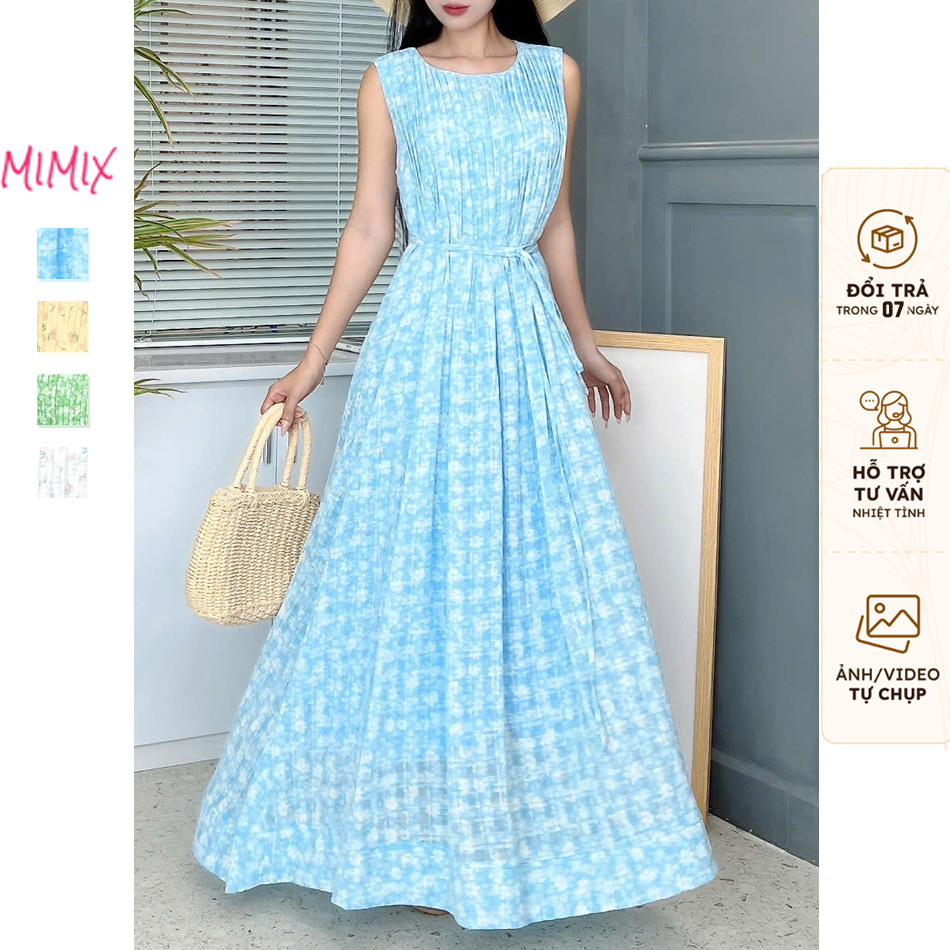 Mimix Floral Maxi Dress Long Flared Pleated Chest Floral Silk Dress 4 ...