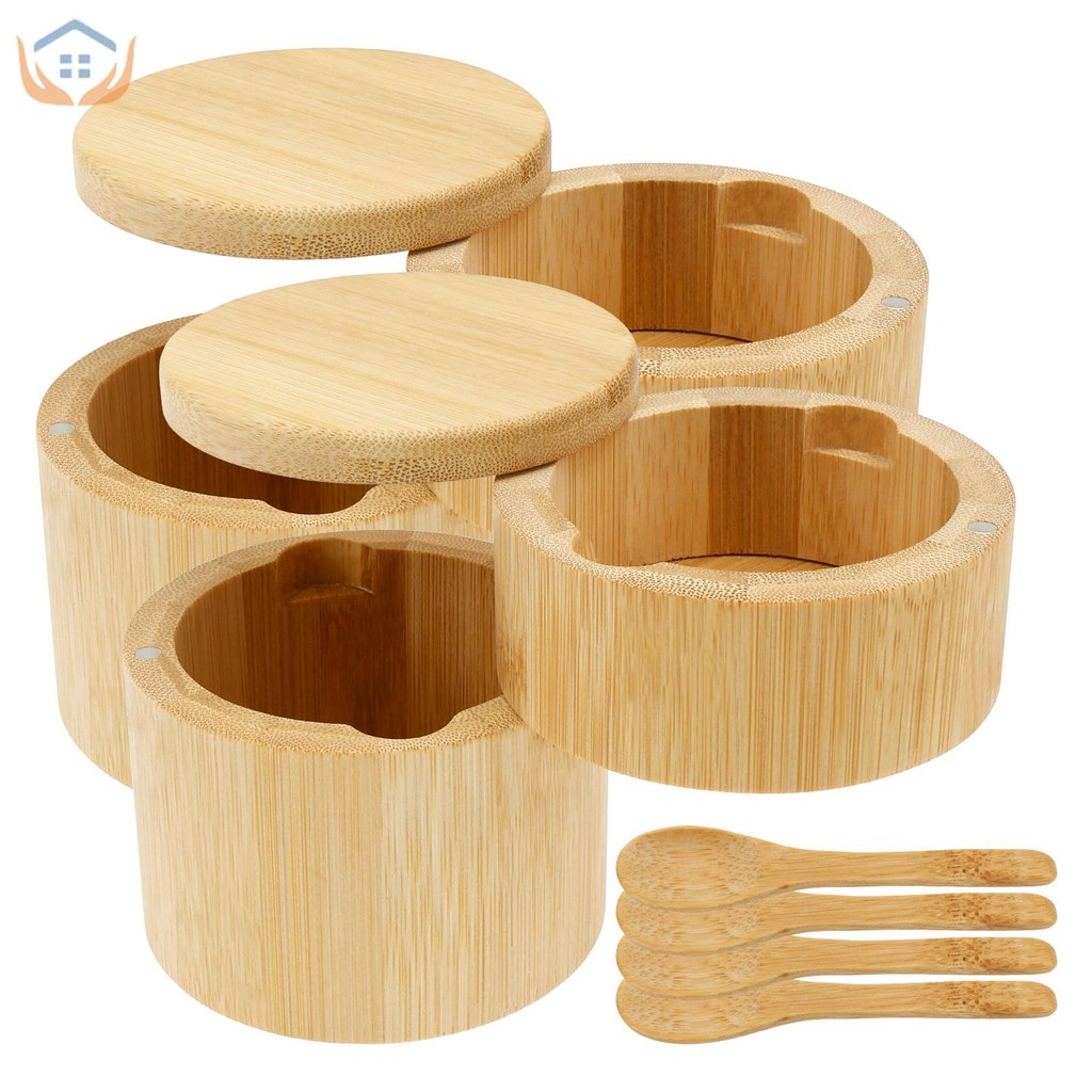 2Pcs Double Layers Salt Spice Box Bamboo Spices Cellar With Magnetic ...