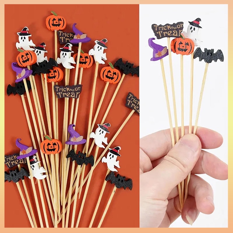 100Pcs Halloween Disposable Bamboo Toothpick Pumpkin Buffet Cake Fruit ...