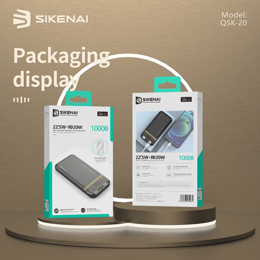 SIKENAI QSK-13 PD20W + 22.5W Fast Charging 10000mAh LED Display Transparent Case Powerbank ...