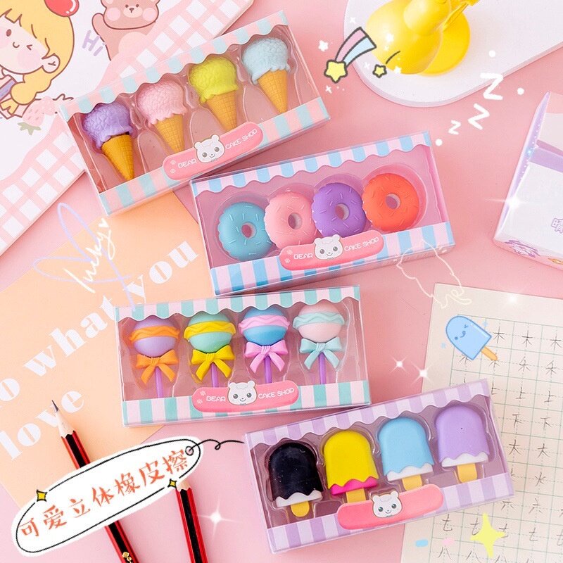 4PCS/SET Detachable Sweet Rubber Eraser Ice Cream Lollipop Eraser ...