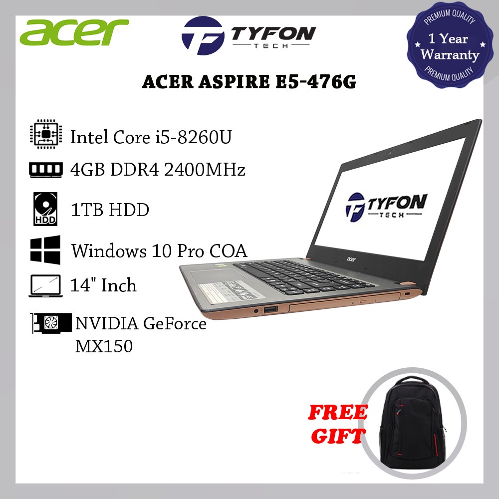 Acer Aspire E5-476G Notebook i5-8260U 4GB DDR4 RAM 1TB HDD Nvidia GeForce MX 150 Win 10 Pro ...