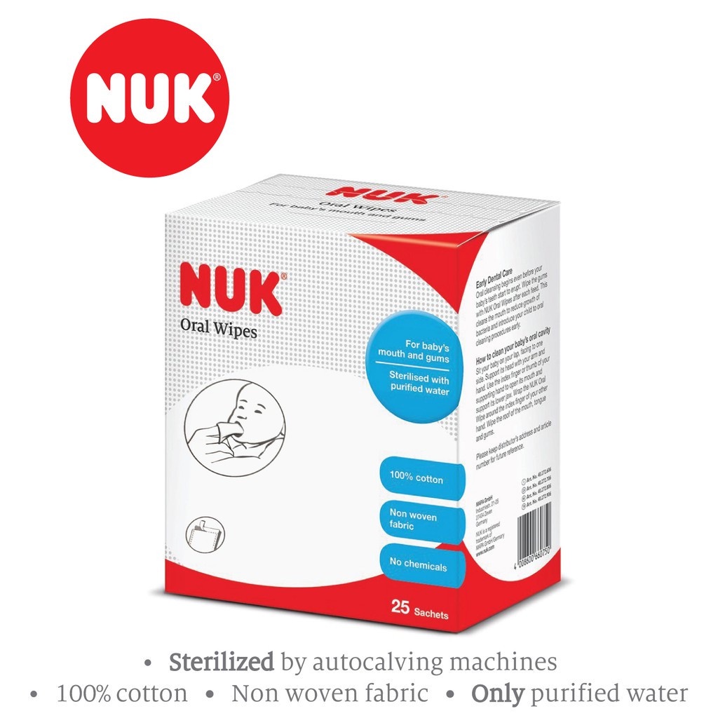 NUK Oral Wipes 100% Cotton, Cleans The Mouth, Pre-Sterilised, 25 ...