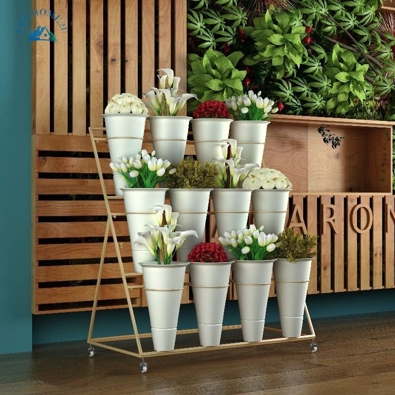 Golden Large Flower Shop Flower Stand Movable Iron Multi-Layer Flower ...