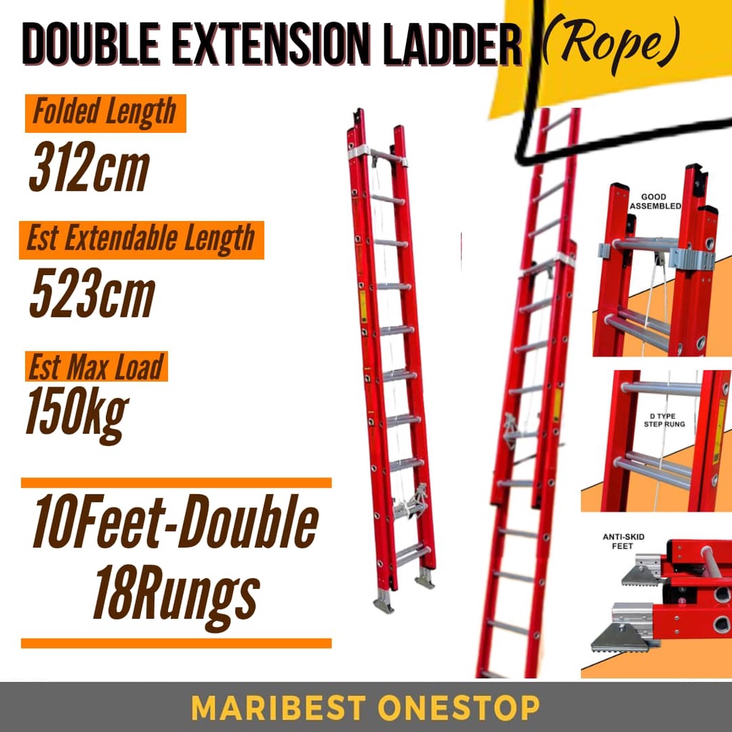 3m 10Feet Double Extension Fiberglass Telescopic Ladder Roped Operated ...