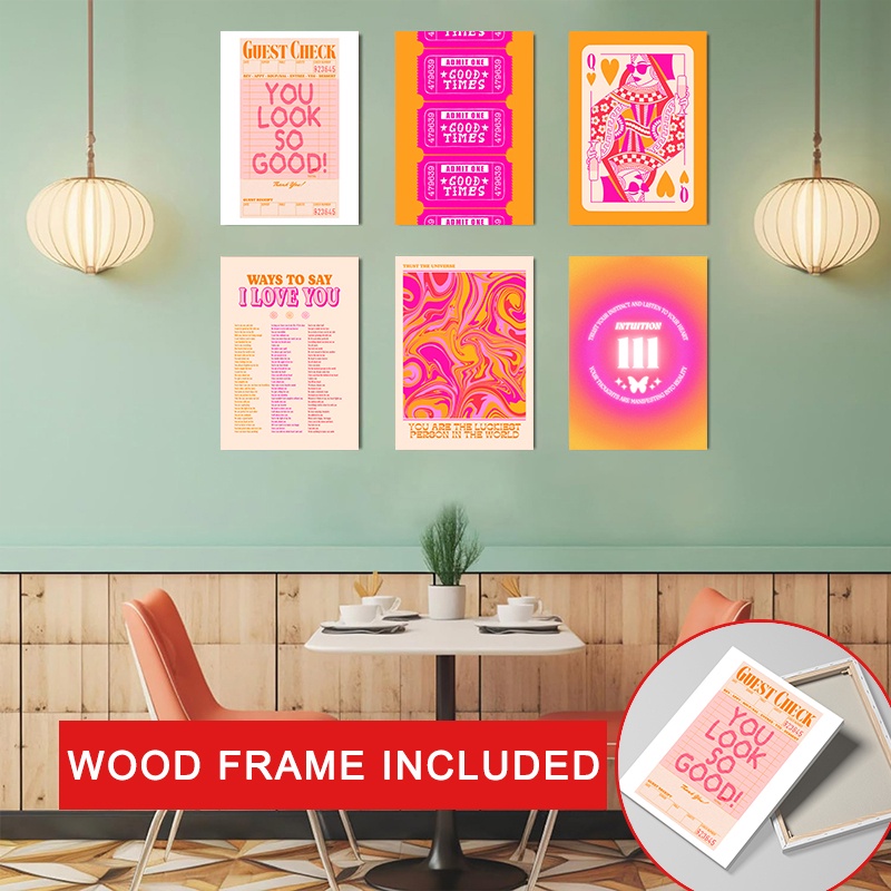 （With Frame）Fashion Retro Pink Orange Wall Art Canvas Painting with ...