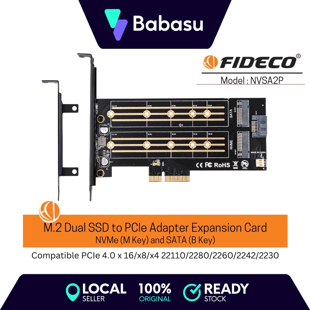FIDECO NVSA2P M.2 Dual SSD to PCIe Adapter Expansion Card NVMe (M Key ...