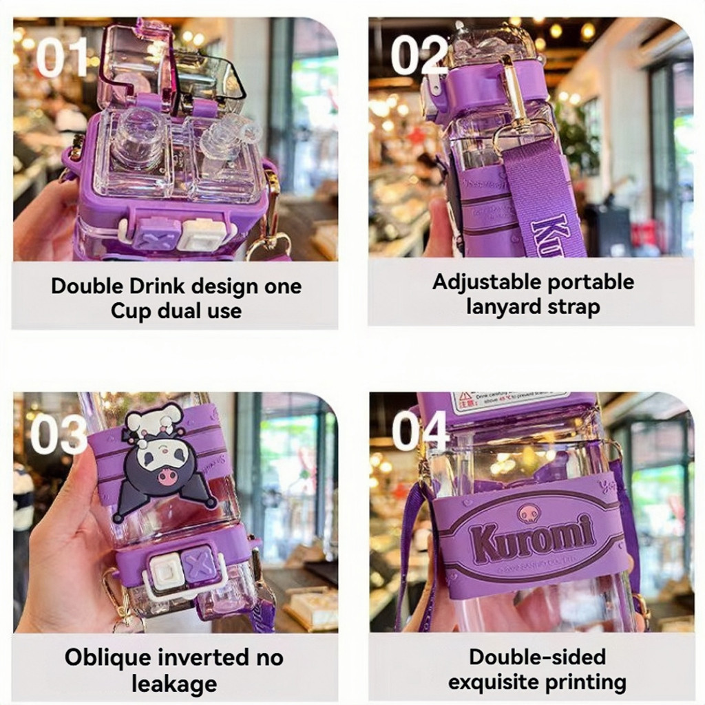 Sanrio 520ml Kawaii Melody Kuromi Cartoon Tritan Straw Cup with Strap Water Bottle Transparent ...