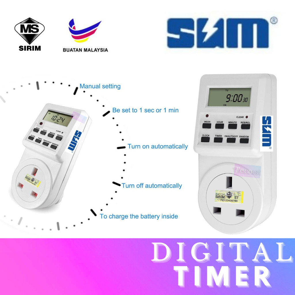 ORIGINAL SUM 24 Hours DIGITAL 3PIN PLUG IN TIMER WITH SIRIM Good Quality SUM TIMER SUM DIGITAL ...