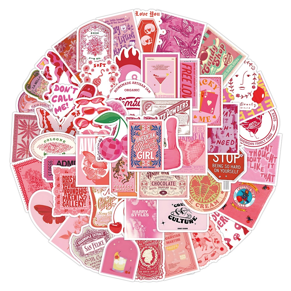 60PCS Cartoon Ins Style Pink Vintage Poster Graffiti Stickers For ...