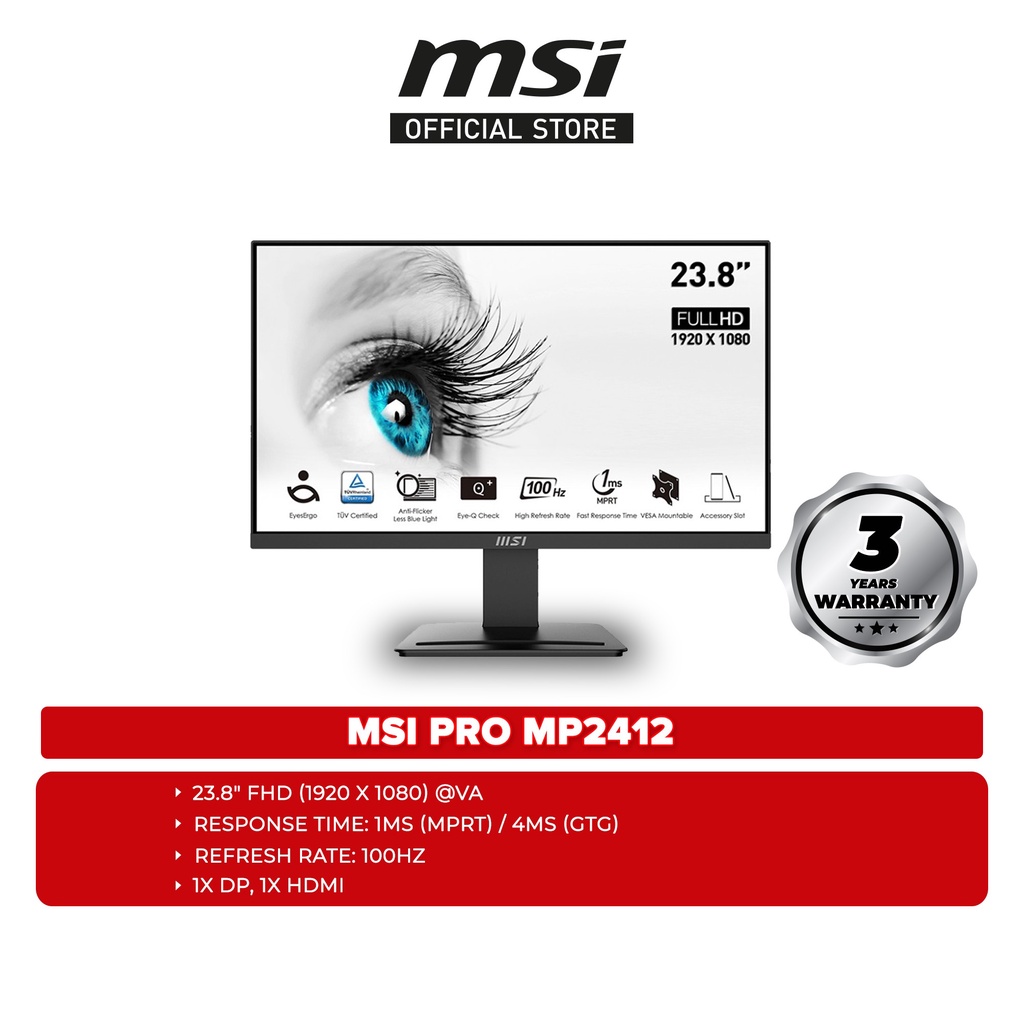 MSI Pro MP2412 23.8" FHD 100Hz Flat Monitor Black | Shopee Malaysia