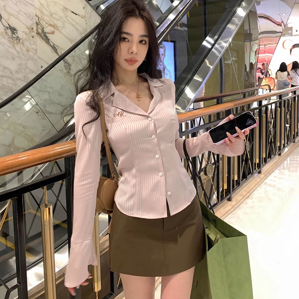 BH Korean style women's embroidered satin striped shirt with long ...