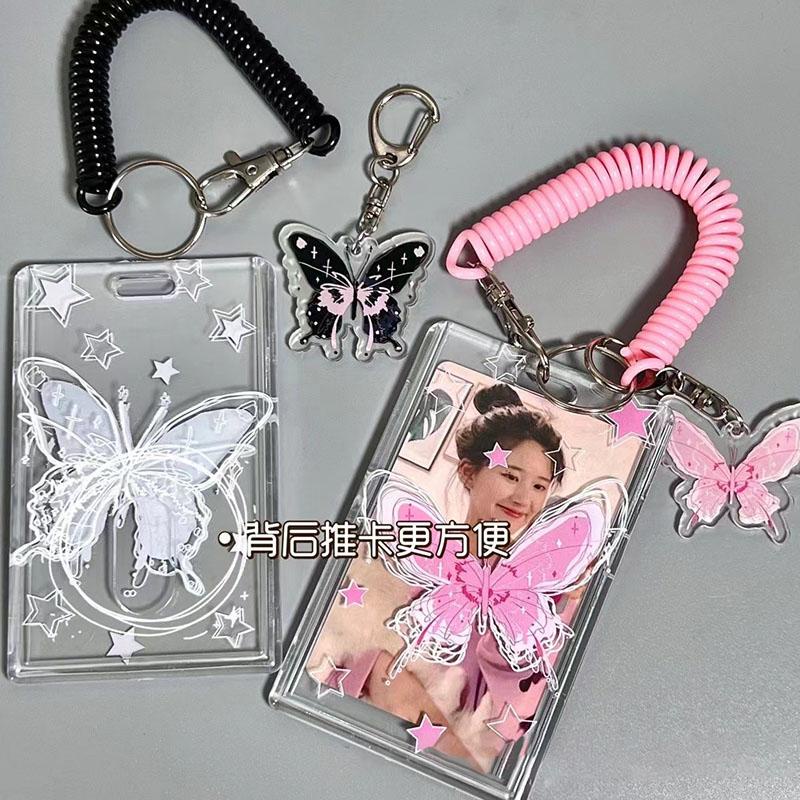 ins Transparent Butterflies Card Holder With Spring Rope Keychains ...