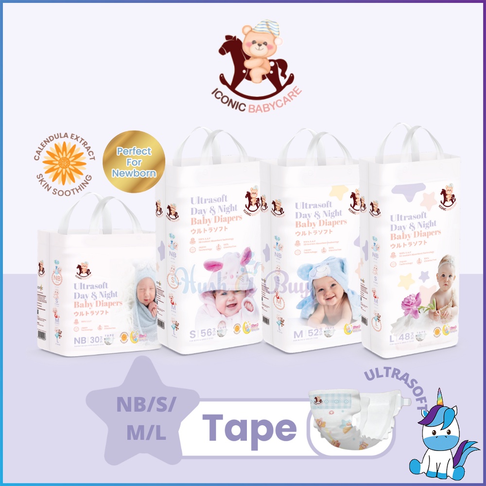 Iconic Babycare Ultrasoft Day & Night Baby Diaper TAPE (NB30/S56/M52 ...