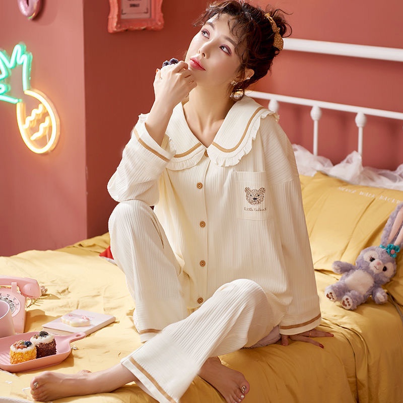 2024 New Women's Cotton Long Sleeve Pajamas Set for Spring and Autumn ...