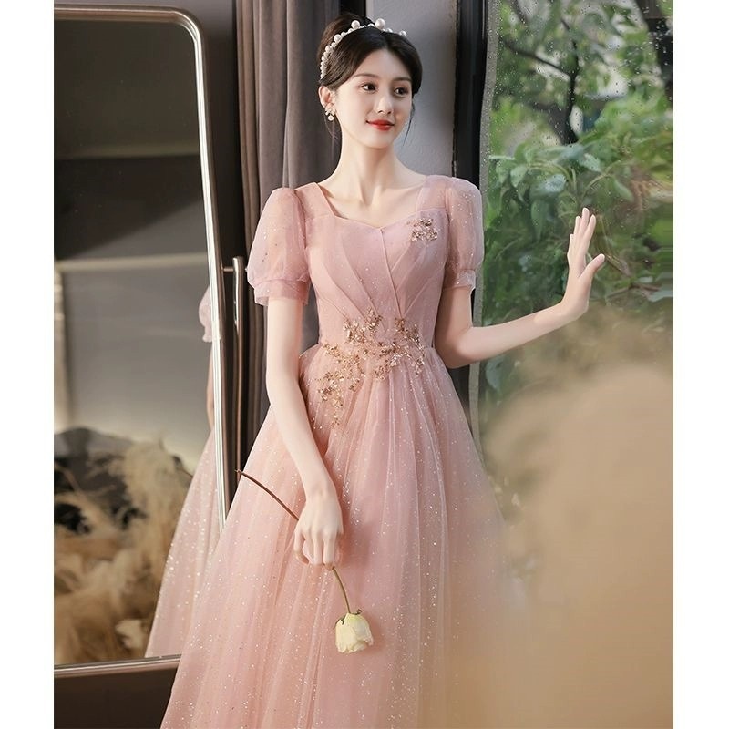 Pink Starry Sky Banquet Evening Dress Fairy Temperament Puff Sleeve ...