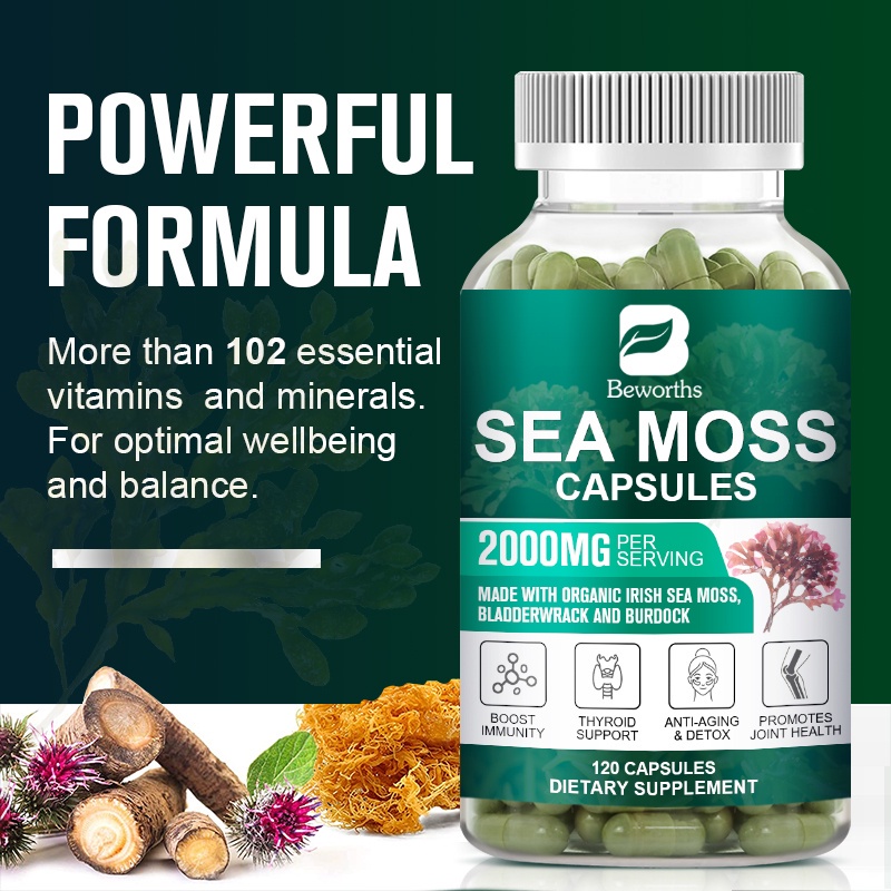 BEWORTHS Organic Sea Moss Capsules 2000mg with Burdock Root, Irish Moss ...
