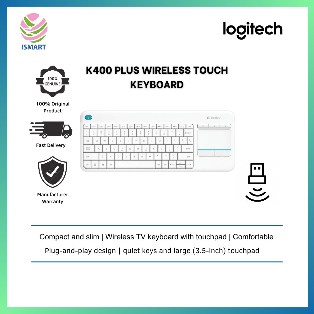 LOGITECH K400 PLUS WIRELESS TOUCH KEYBOARD-WHITE | Shopee Malaysia