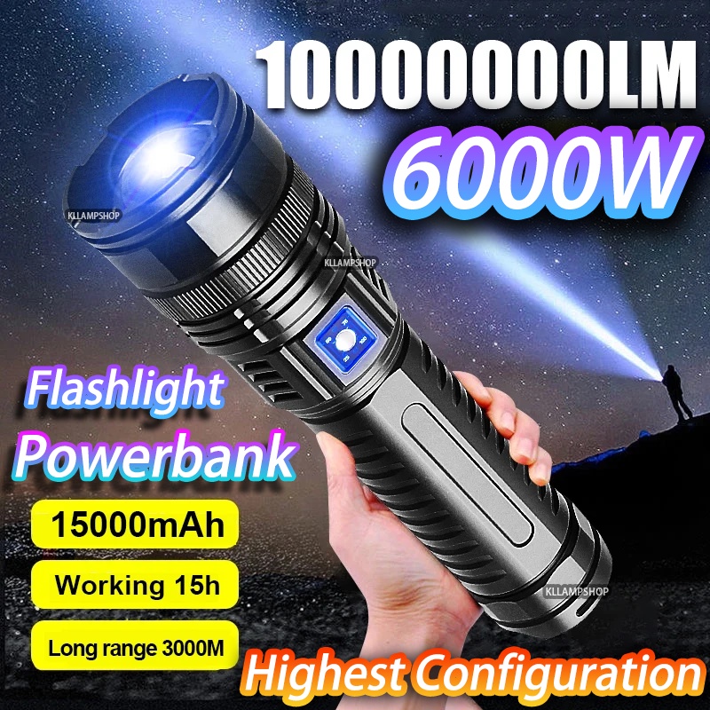 Torch light super bright 6000W Lampu suluh Long Range Spotlight ...