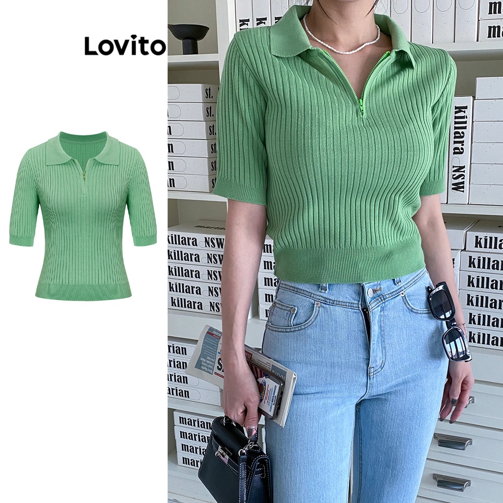 Lovito Casual Plain Zipper Polo Knit Tops for Women L77ED079 Lovito ...