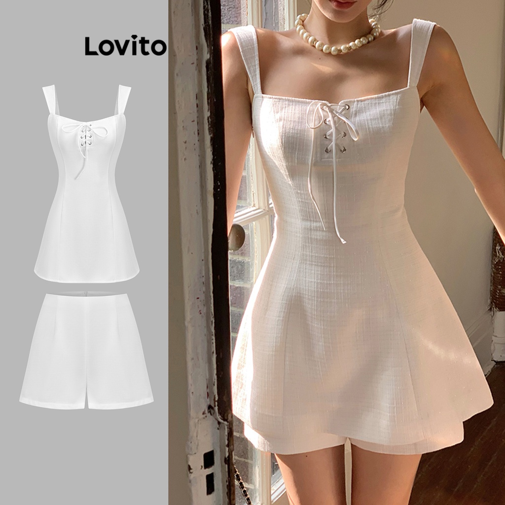 Lovito Casual Shorts Sets Plain Lace Up Backless Short Sets for Women ...