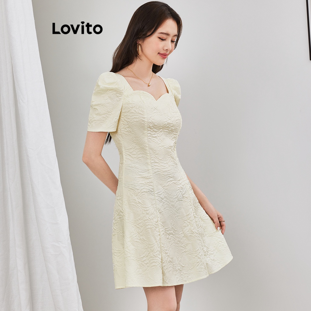 Lovito Elegant Plain Jacquard Puff Sleeve Dress for Women L65ED159 ...