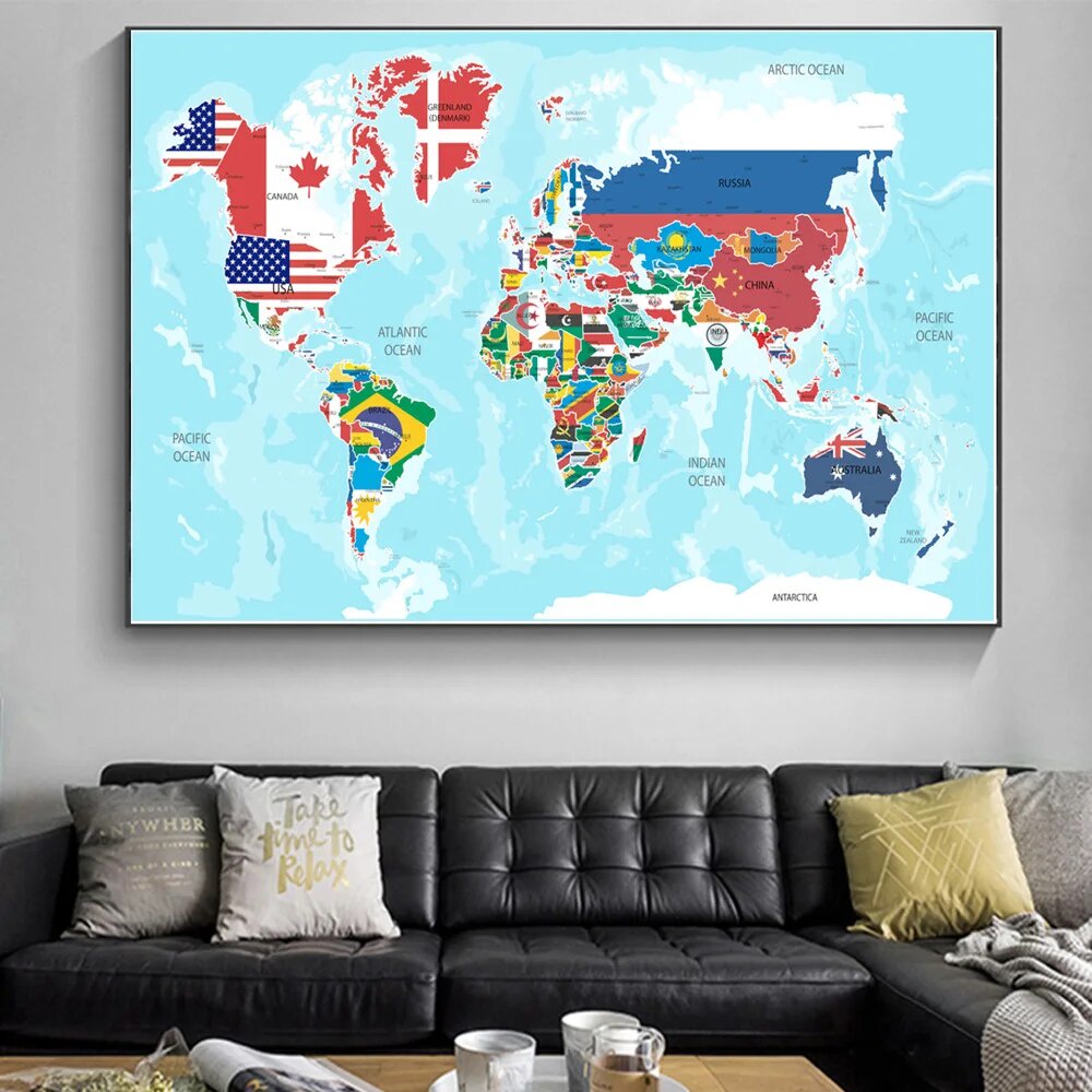 Travel World Map Atlas with Country Flags Large Canvas Poster Prints ...