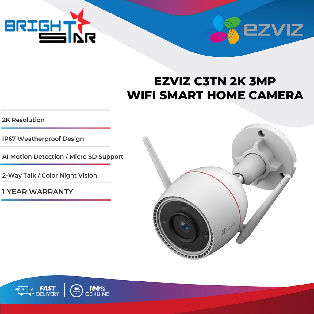 EZVIZ C3TN 3MP WiFi Smart Home Camera IP67 Weatherproof (2K Res/AI ...