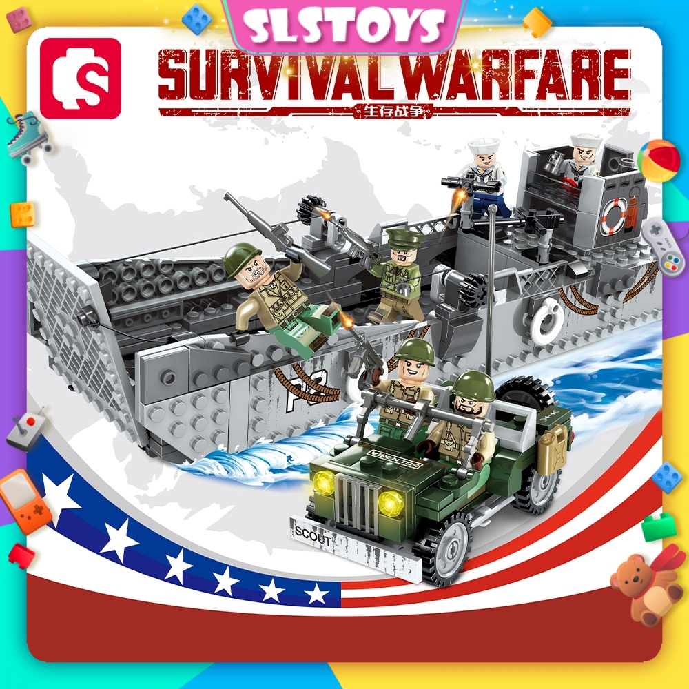 Sembo Block 207053 Survival Warfare Series Ship Military Jeep Garage ...