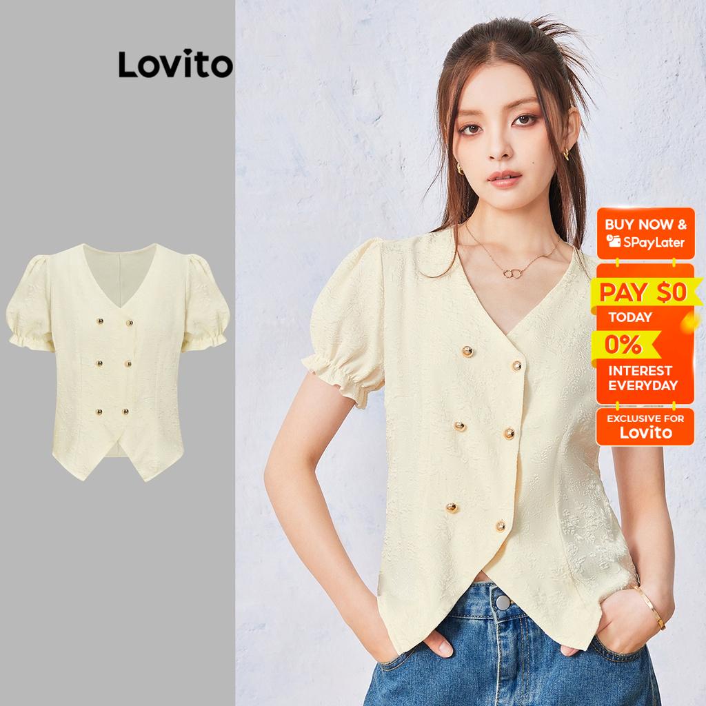 Lovito Casual Plain Frill Double Button Puff Sleeve Blouse for Women ...
