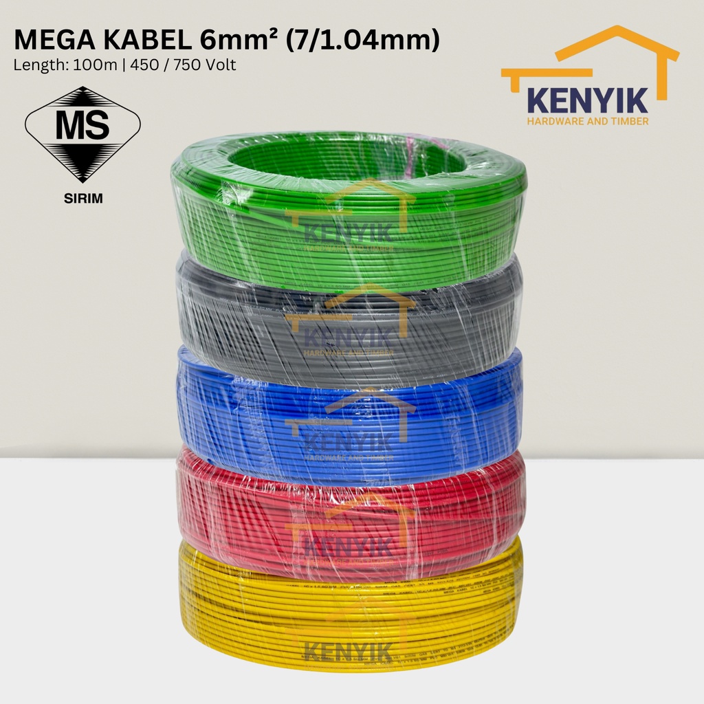 MEGA KABEL [100m] 6mm Insulated PVC 100% Pure Copper Cable (SIRIM ...