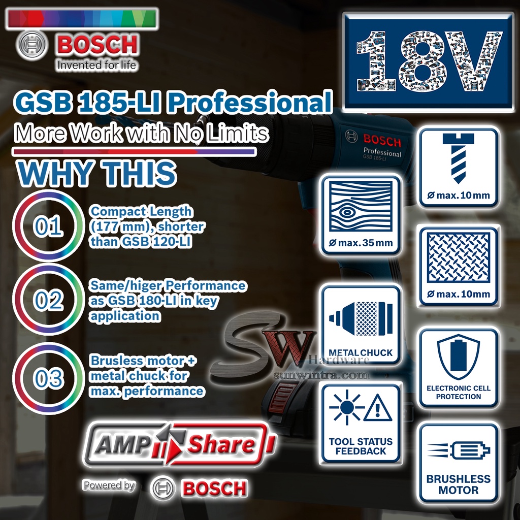 Bosch 18V Cordless Impact Drill / Driver GSB 185-LI GSB185 F.O.C 23X ...