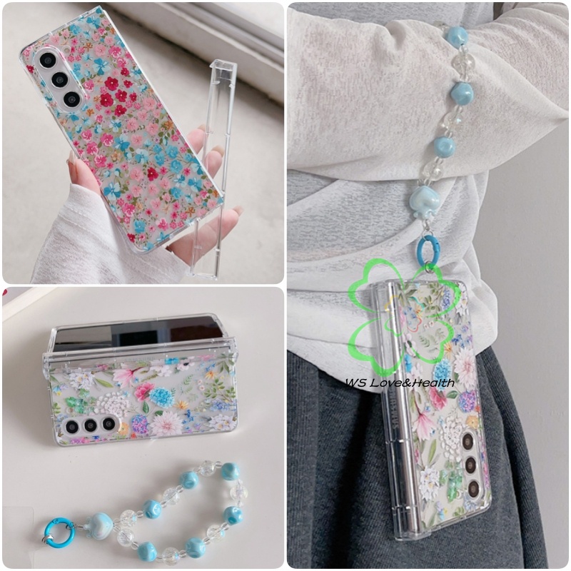 Flower Printing Hinge Clear Phone Case Samsung Galaxy Z Fold 5 Z Fold 4 ...