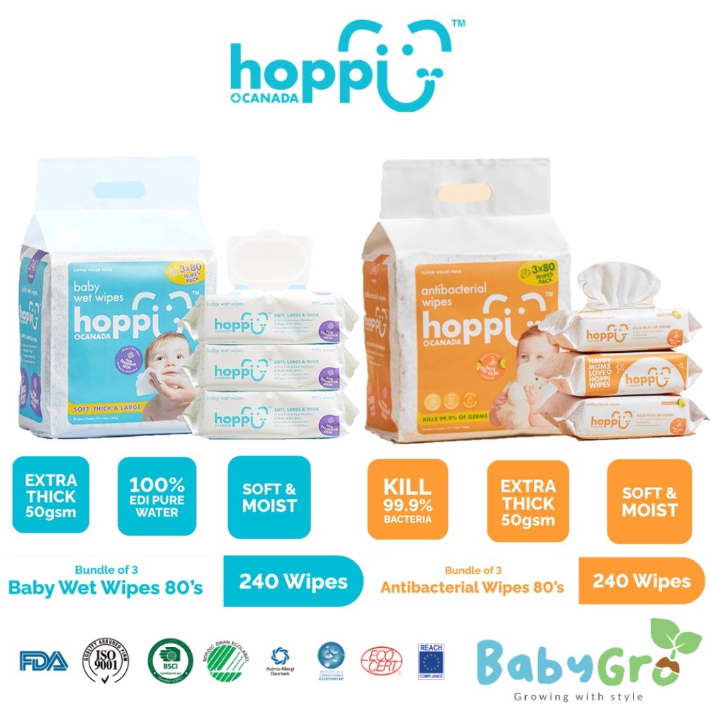 Hoppi 80 sheets 3in1 Bundle Baby Wet Wipes | Antibacterial Wet Wipes | Shopee Malaysia