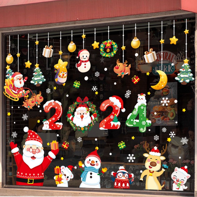 2024 Christmas Decoration Santa Glass Door Stickers Holiday Atmosphere ...