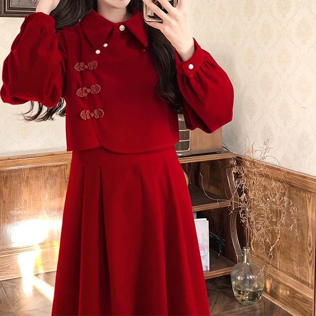 [40-100kg M-4xL]盘扣新中式改良旗袍红色订婚新年裙子女春秋大码胖mm假两件连衣裙fat pulssize oversize ...