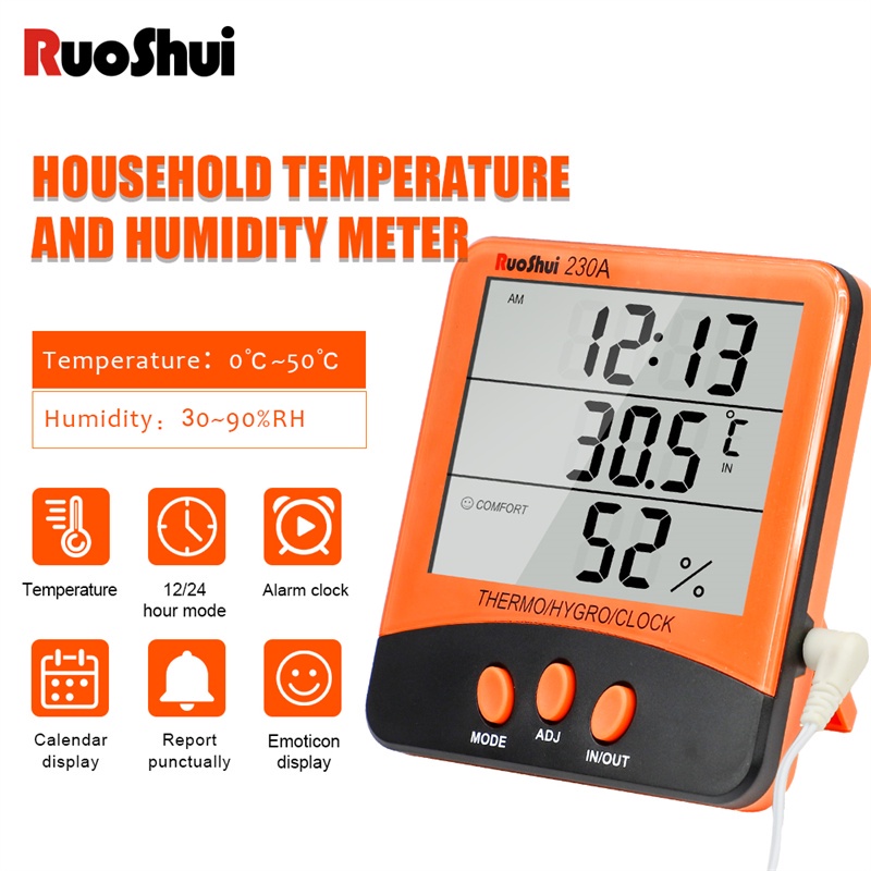 RuoShui 230A Digital Temperature Humidity Clock Meter Multifunction ...