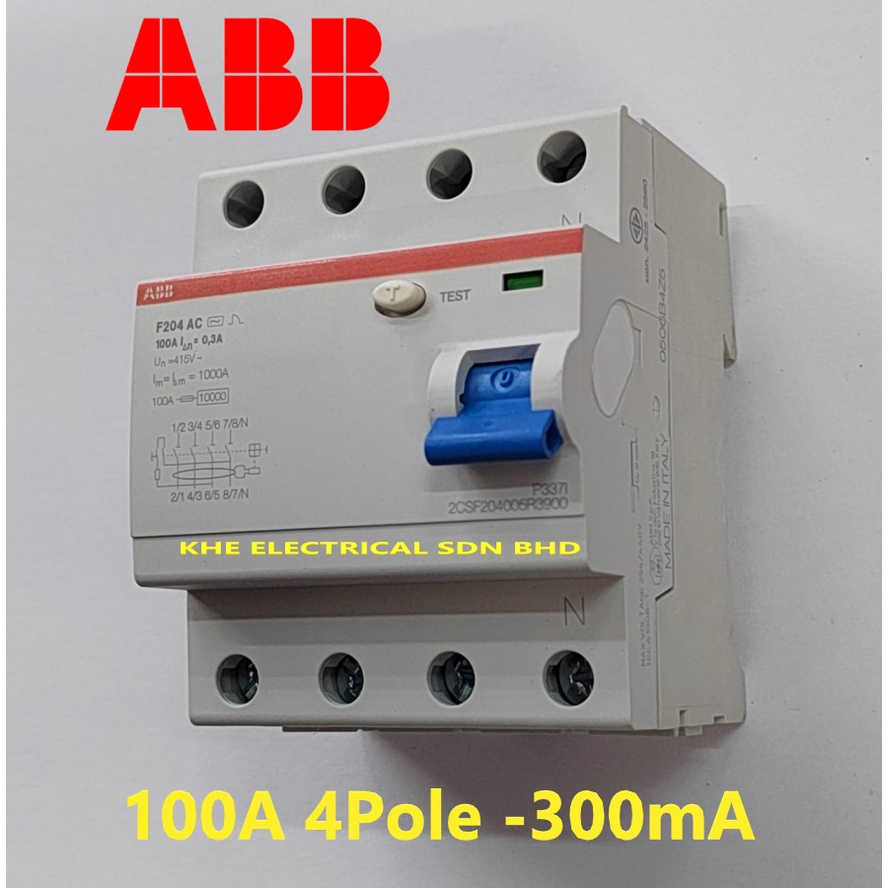 ABB 3 Phase Residual Current Circuit Breaker RCCB/ELCB FH204-AC 40A/63A/100A 4POLE 300MA ...
