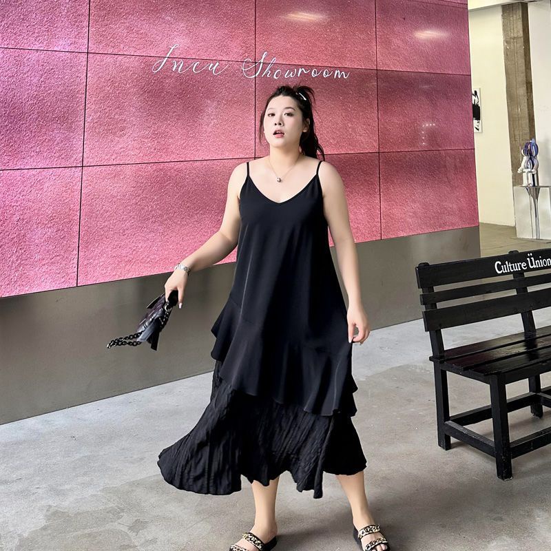 40-100kg 胖妹妹大裙摆吊带裙300斤大码女装宽松纯色长款拼接无袖V领连衣裙fat overszie pulssize dress | Shopee Malaysia