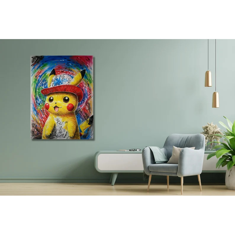 Pikachu Colorful Canvas Wall Art, Pikachu Van Gogh Poster, Pikachu Van ...