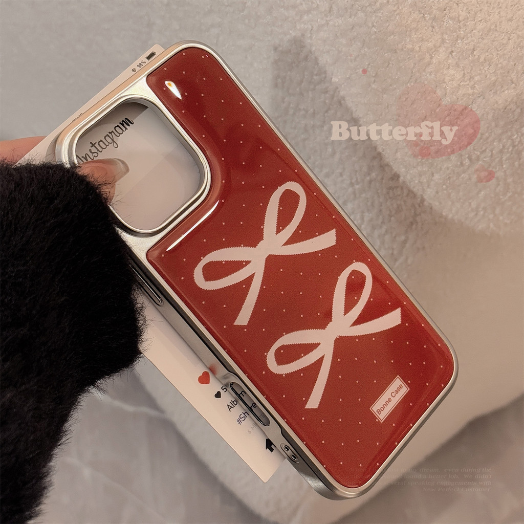 Electroplated silver frame Epoxy craft red bow soft case for iphone 13 ...