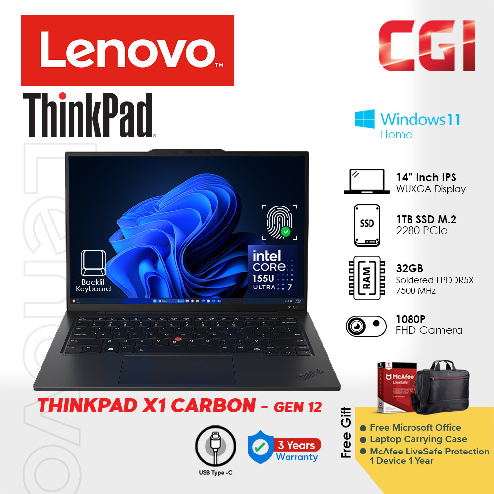Lenovo 14" Thinkpad X1 Carbon G12 Laptop ULT 7-155U 32GB LPDDR5X 1TB ...