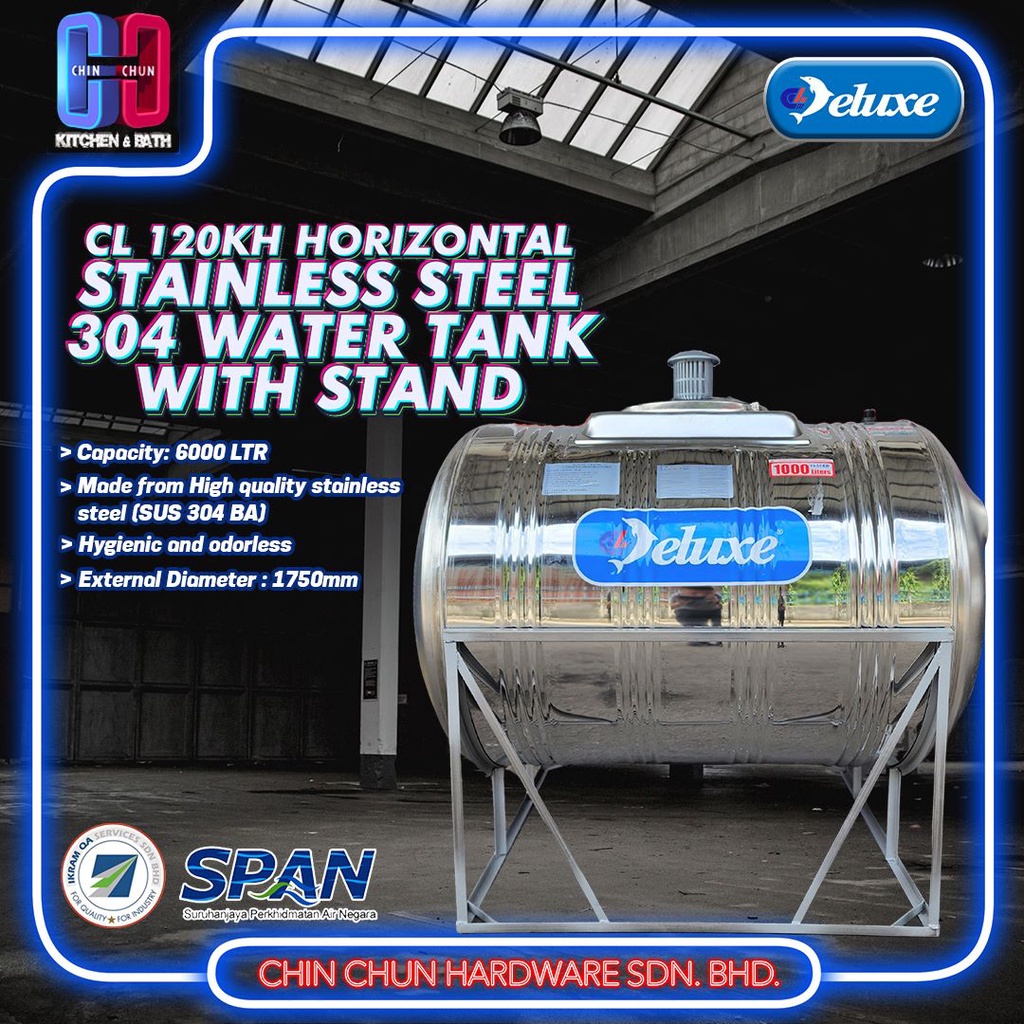 xxPRE ORDERxx DELUXE CL120KH-HORIZONTAL STAINLESS TEEL 304 WATER TANK WITHSTAND OUTDOOR 6000L ...