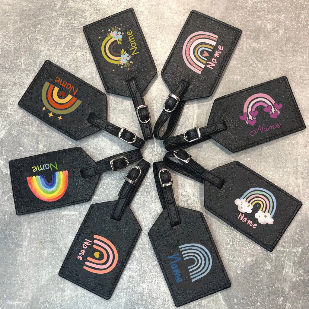 Personalised Rainbow with Name Colorful Monogram Luggage Tag PU Leather for Suitcase Baggage ...