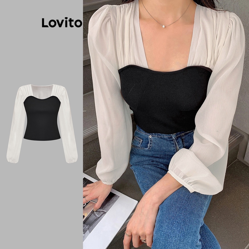 Lovito Elegant Plain Colorblock Frill Blouse for Women L74ED107 (Black ...