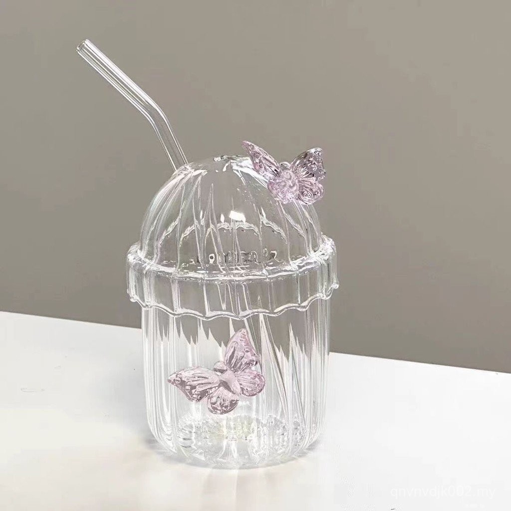 Botol Air Kaca Bergaya dengan Cawan Rama-rama Jerami dengan Penutup ...