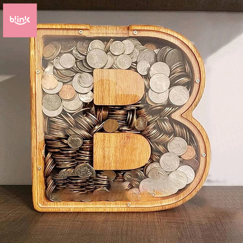 Wood letter Saving Money Box Transparent Coin Piggy Bank New Year ...