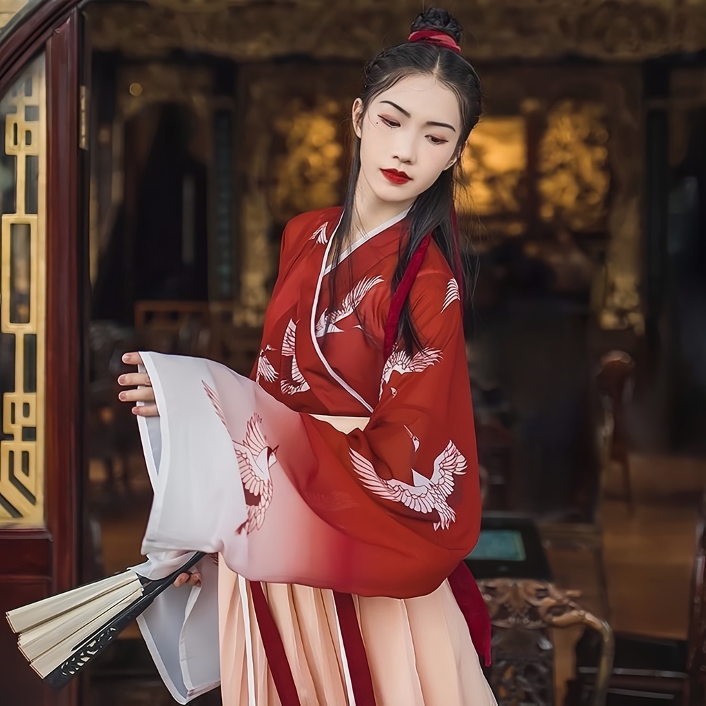 Hanfu Dress woman set Crane Waist-length Skirt Hanfu Top Two-piece Girl ...